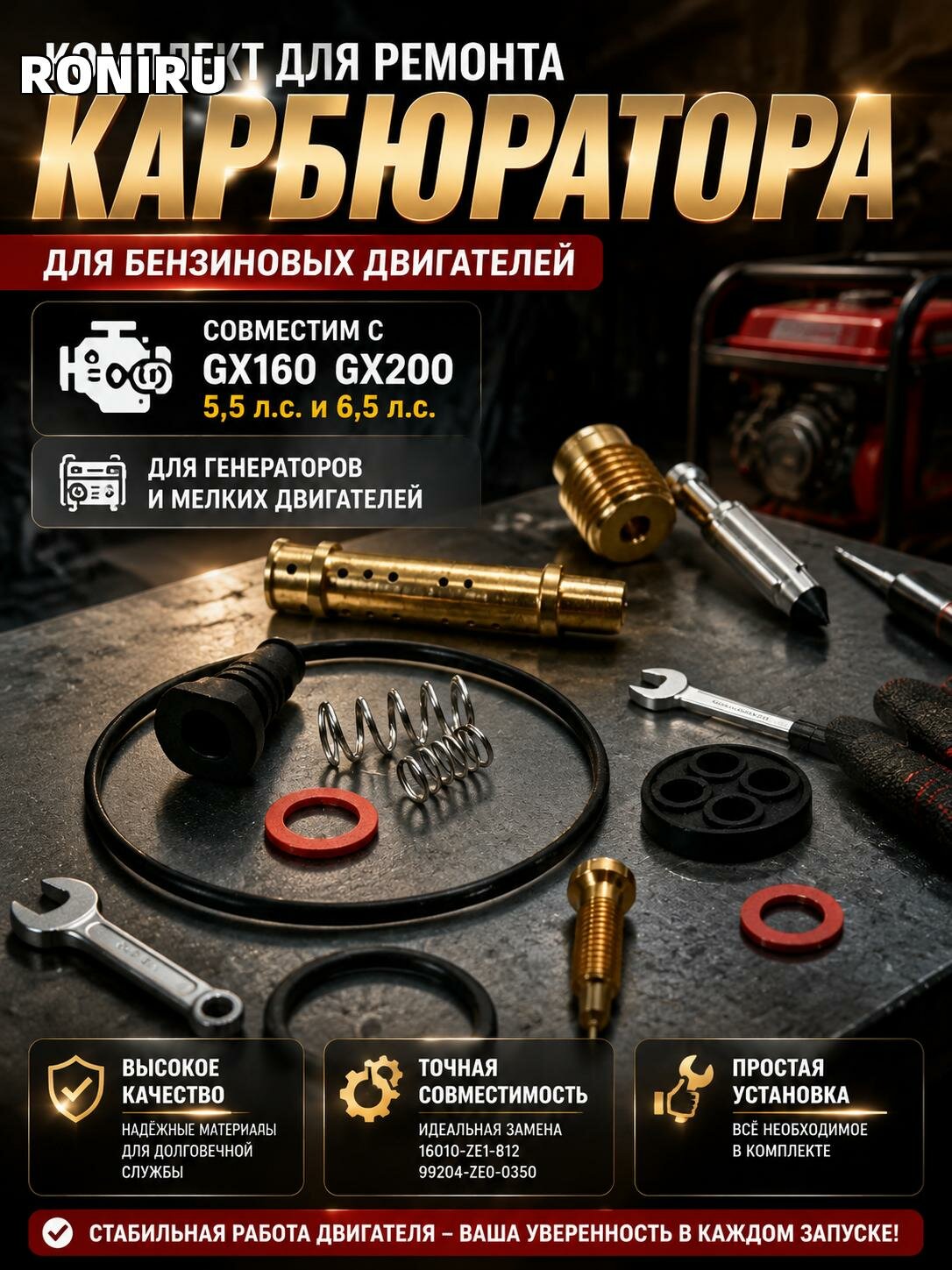Комплект для ремонта карбюратора, совместим с GX160 GX200 5,5л. с. и 6,5л. с. для генераторов и мелких двигателей, замена 16010-ZE1-812 99204-ZE0-0350