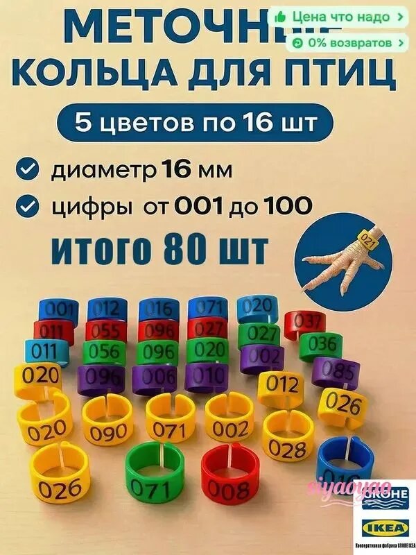 Меточные кольца для птиц 16 мм 80 штук Синий кур уток гусей