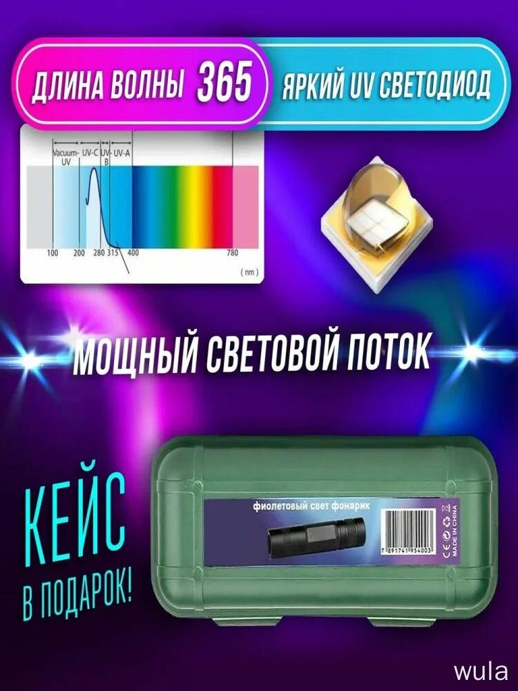 Фонарик ультрафиолетовый wula с кейсом длиной волны 365 нм для проверки документов и животных, лампа — фото 1