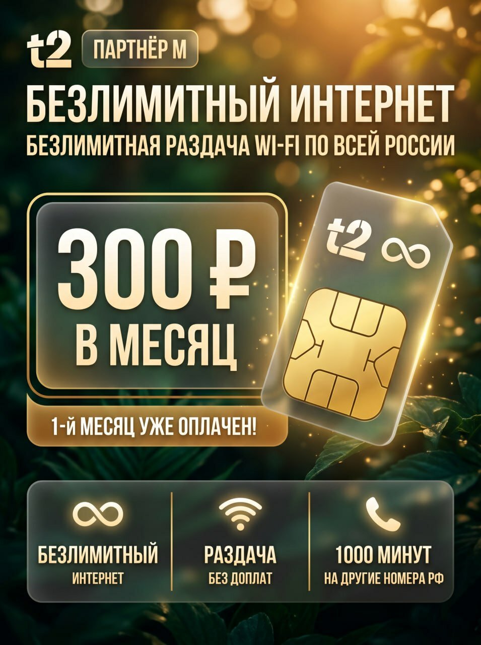 Сим карта Т2 (симка t2) безлимитный интернет 3G/4G/LTE и раздачей для роутера, модема, камер видеонаблюдения. Тариф T2 Партнер М 1000 минут и 200 SMS по всей России 300 р/мес.