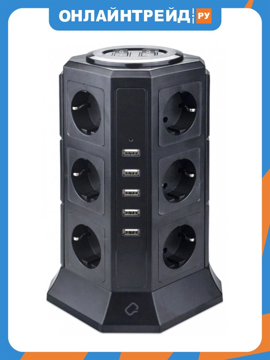 Сетевой фильтр Qumo Power Tower Pro 12SP5U (P-0001) (12 розеток, 3*1,0мм, 5xUSB, 2м) черный