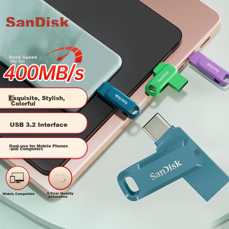SanDisk 256GB Type-C USB3.2 Двухинтерфейсная флеш-накопитель синий, скорость чтения 400 МБ/с для смартфонов и ПК