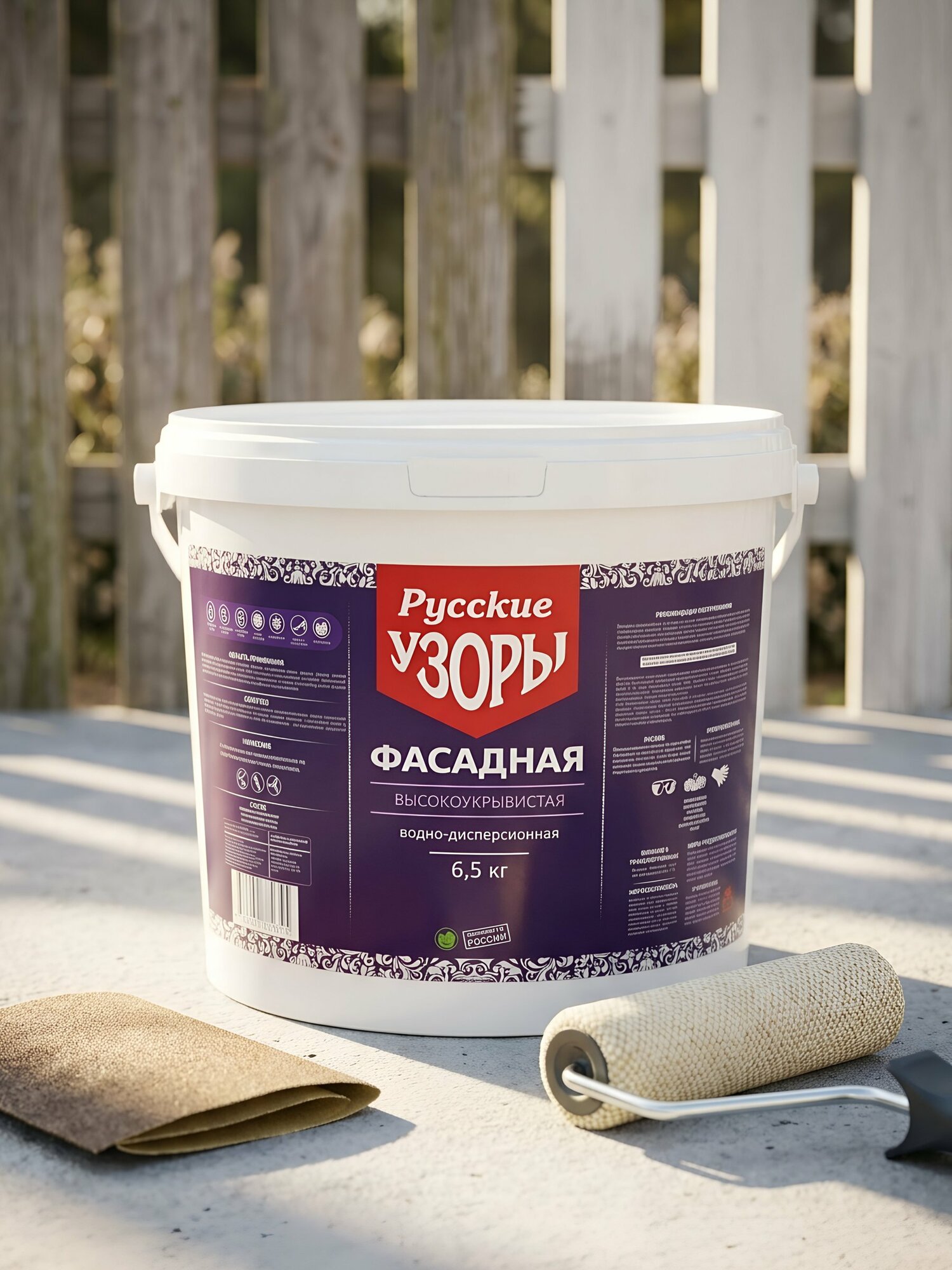 Краска водно-дисперсионная Русские узоры фасадная матовая белая 6 кг для наружных работ по бетону, кирпичу и штукатурке