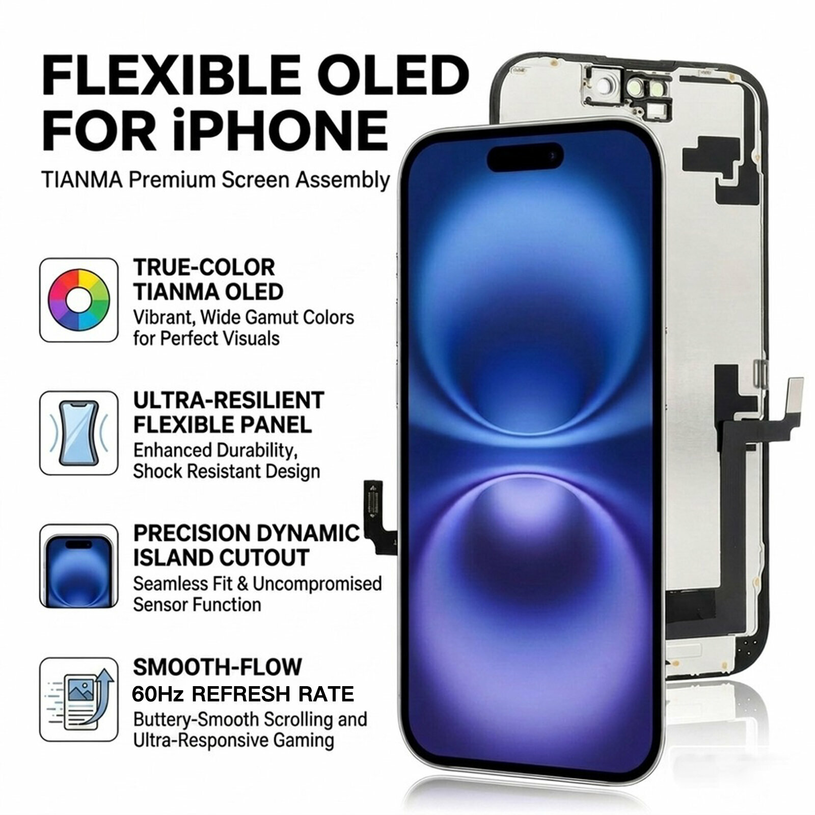 Дисплей Tianma, для iPhone 16, OLED, 60Гц, Face ID, True Tone