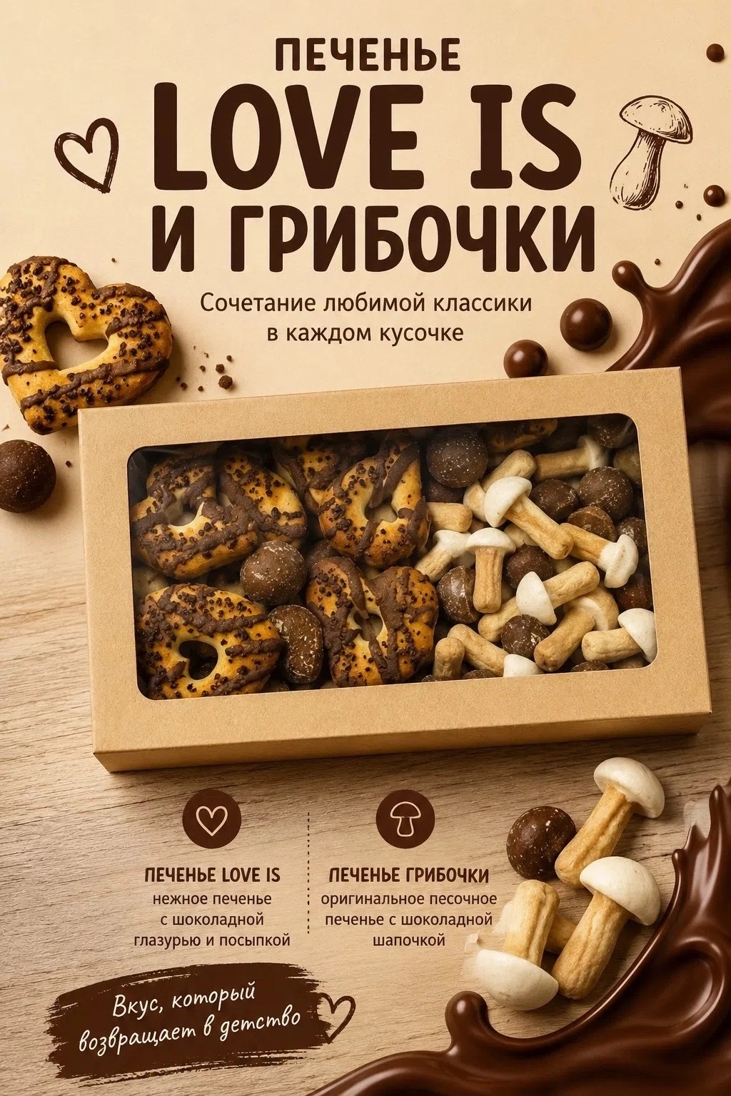 Комбо-набор. Печенье “Love is…” и Грибочки ассорти с шоколадной глазурью