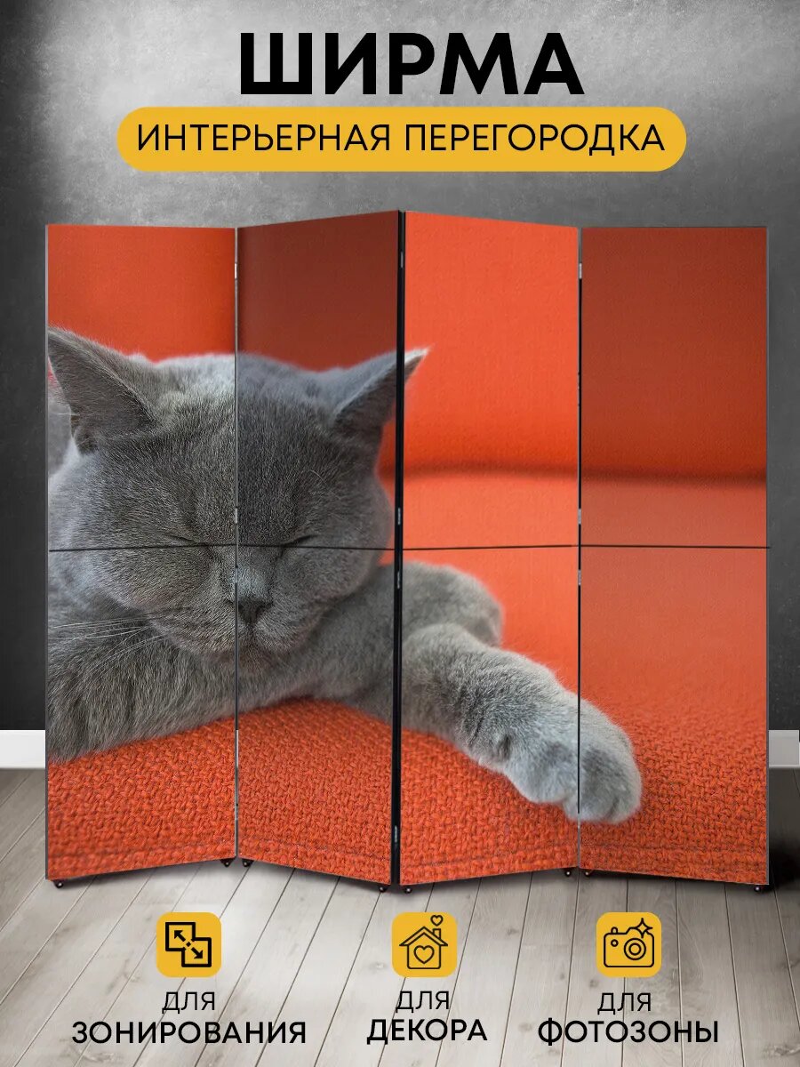 Интерьерная складная ширма перегородка на колёсиках Кот