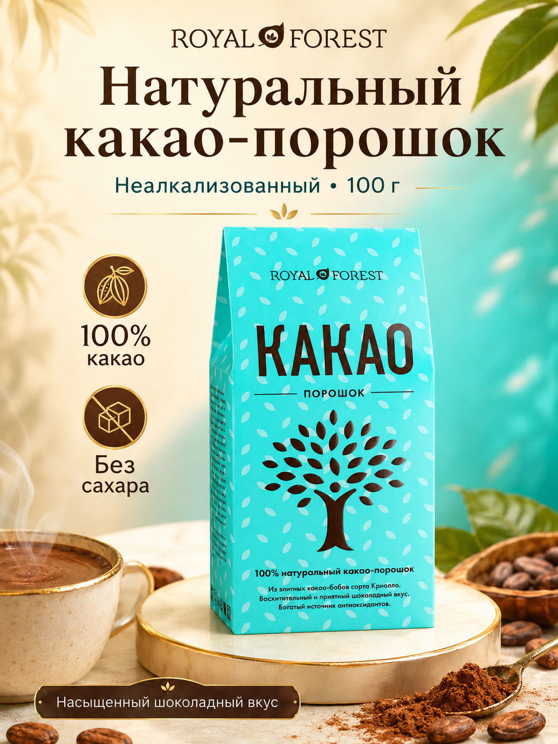 Какао порошок неалкализованный - натуральный, Royal Forest, 100 грамм