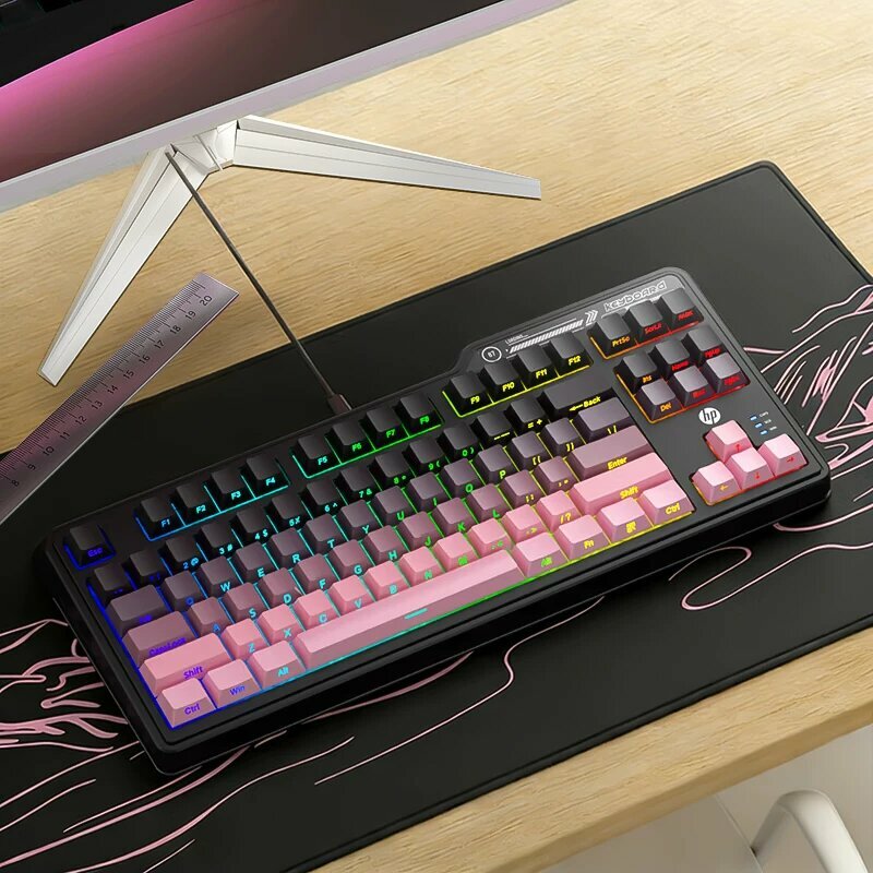 Клавиатура HP для игр проводная мембранная механическое ощущение малиновый розовый градиент 104-клавишный смешанная