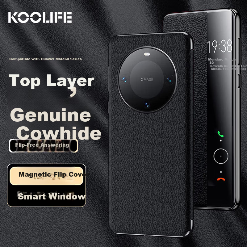 KOOLIFE Кожаная чехол-свёртка с умным окном для Huawei Mate60 Полная защита от падений Ультратонкий премиум-чехол для
