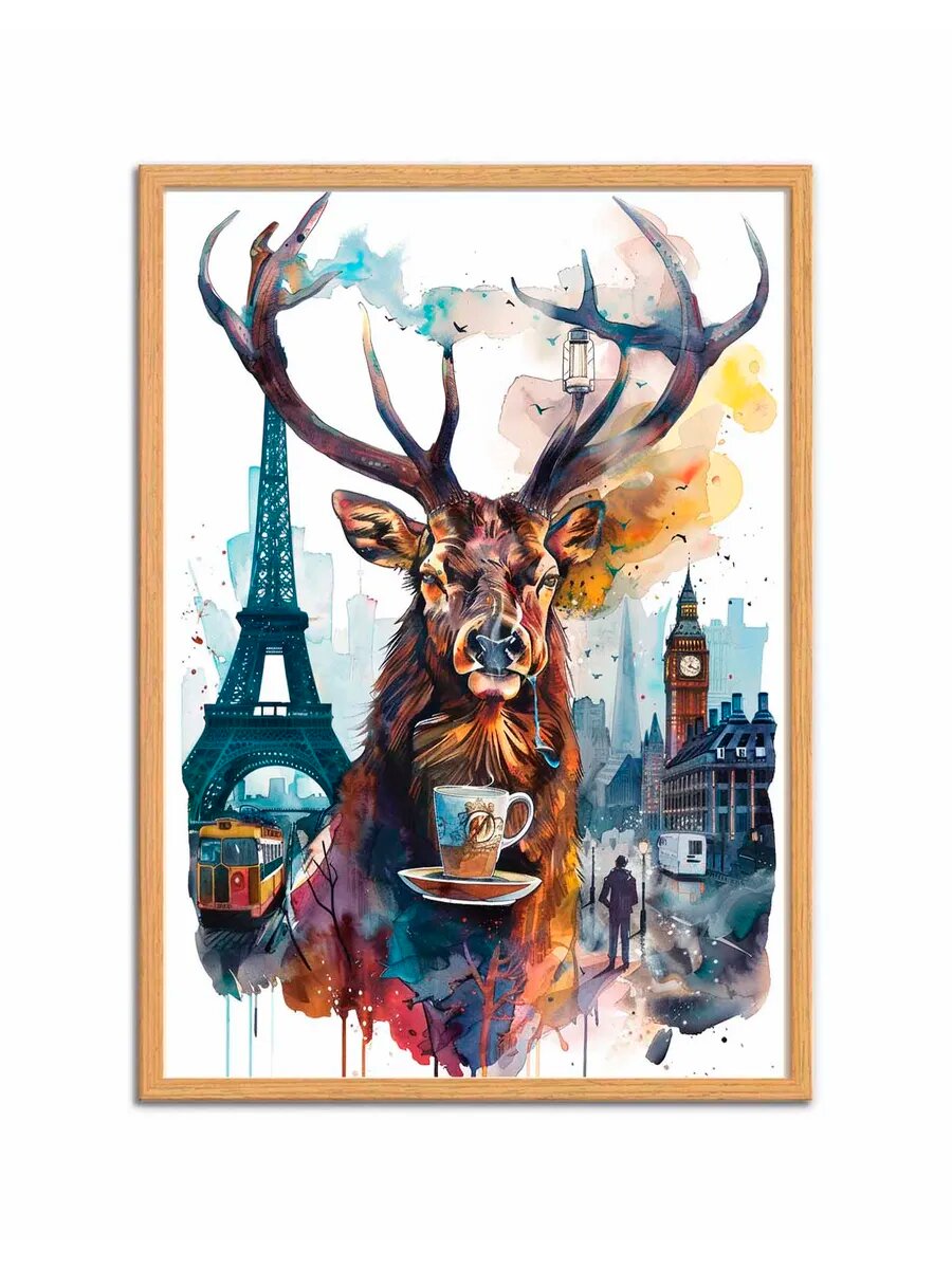 Лось-животное-гангстер пьет кофе 2, Плакат 30x42см