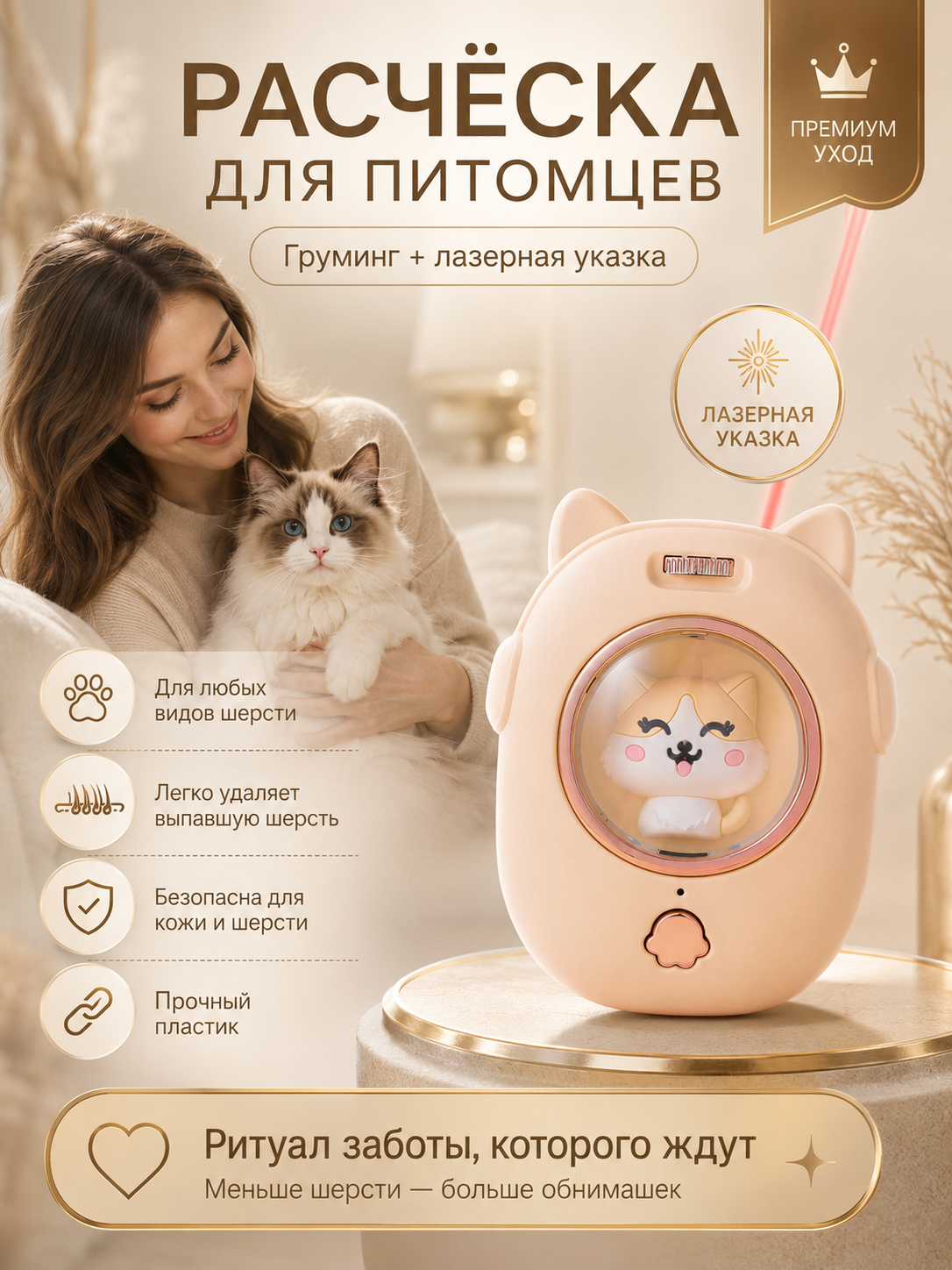 Щетка с лазерной указкой для кошек и собак, расческа для домашних животных, массажная щетка для расчесывания животных, бежевый