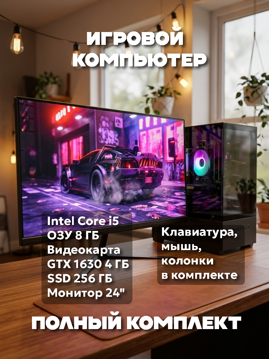 Игровой компьютер Intel Core i5, 16 ГБ, GTX 1630 4 ГБ, SSD 256 ГБ, FullHD монитор 24", клавиатура и мышь, Wi-Fi