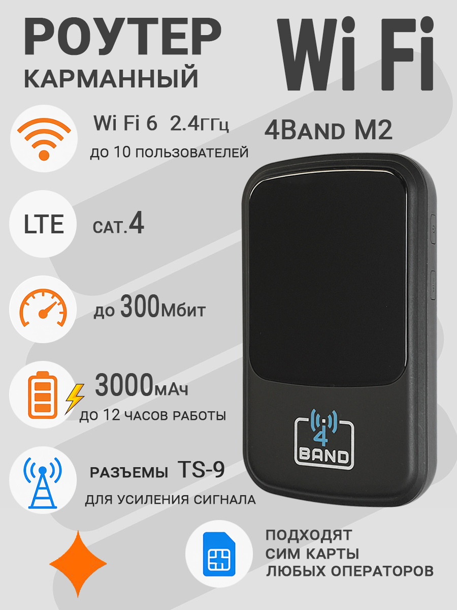 Роутер 4G Wi Fi 4Band M2 с аккумулятором, под любую сим, карманный