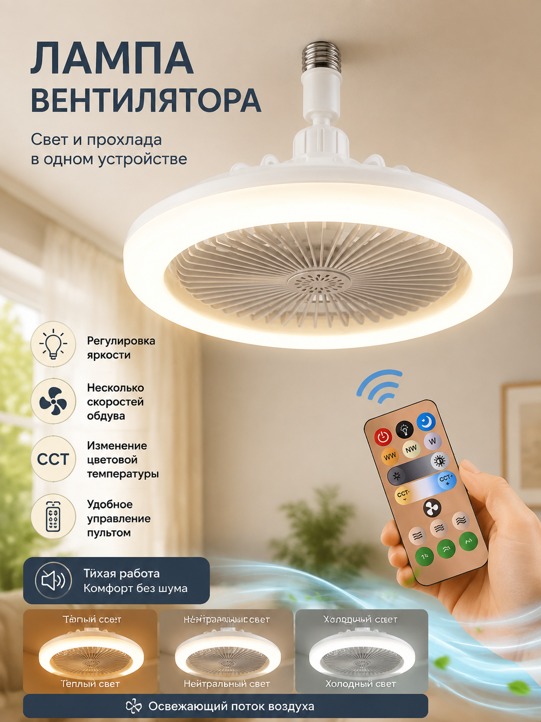 Люстра-Вентилятор на кухню потолочная E27, Светодиодная лампа с вентилятором и пультом, Светильник 2в1 22Вт
