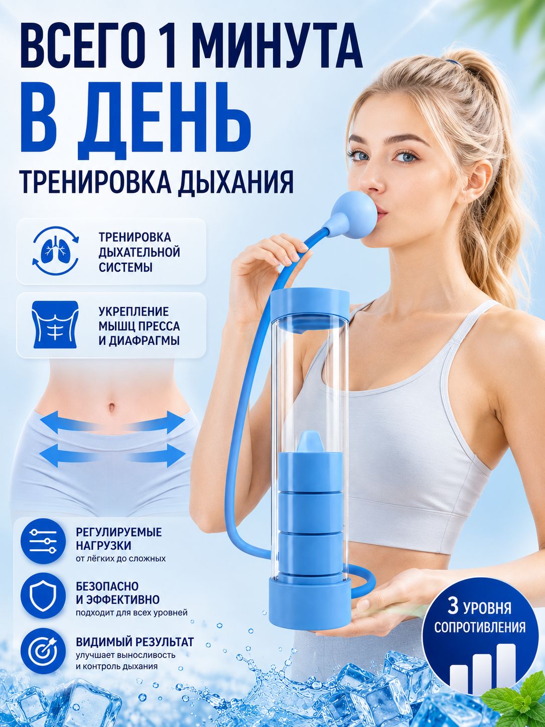 Тренажёр для дыхания и лёгких с регулируемой нагрузкой, дыхательный тренажёр для тренировки диафрагмы и мышц кора, компактный фитнес-тренажёр, 1 шт.