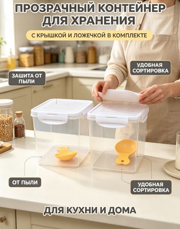 Контейнер для хранения вещей длина 15 см, ширина 15 см, высота 17 см, 1 шт, пластик, прозрачный