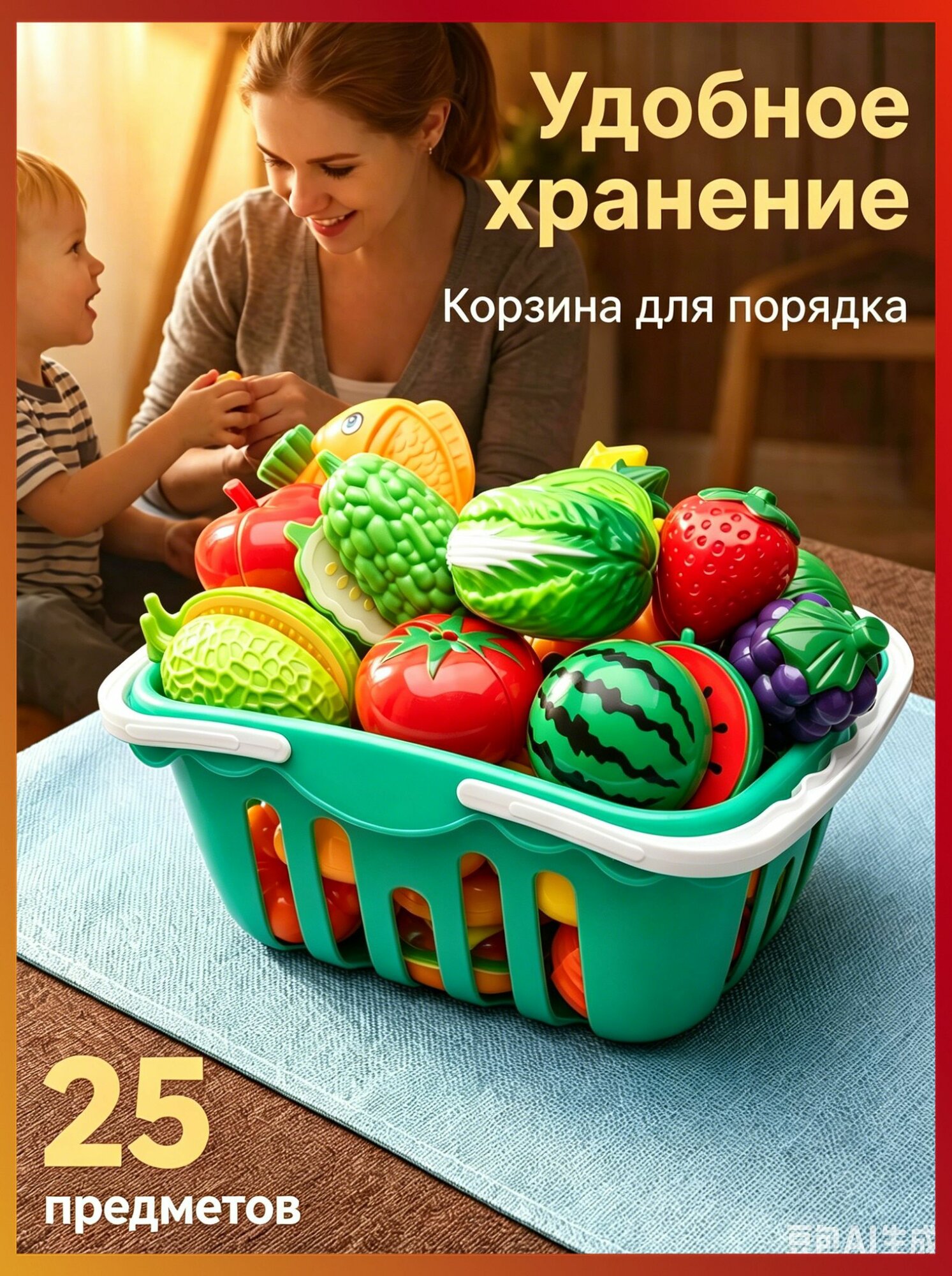 Игровой набор, Резки фруктов и овощей,25шт, нож и доска