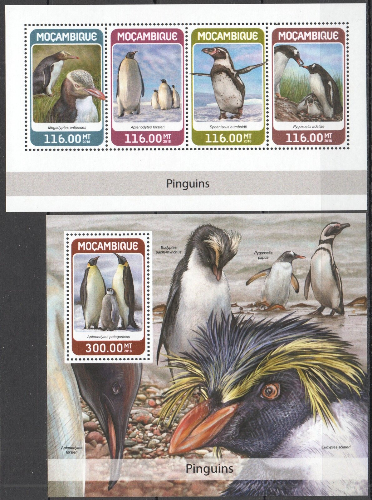 Марки 2018 год Мозамбик Пингвины Птицы Фауна #9514-7+Бл1343 MNH