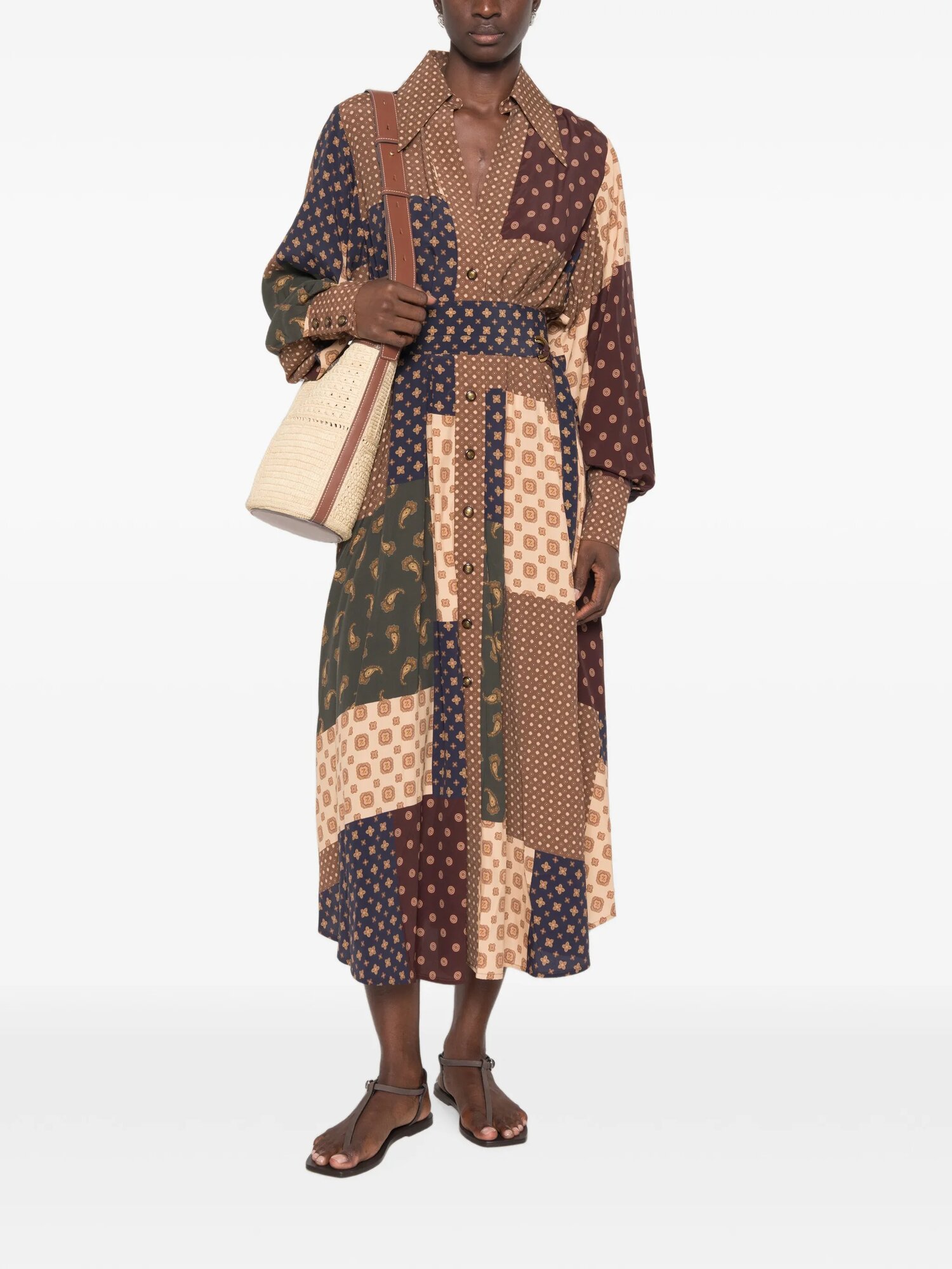 Платье ZIMMERMANN Tuck geometric-patchwork midi dress, размер 42, коричневый — фото 1