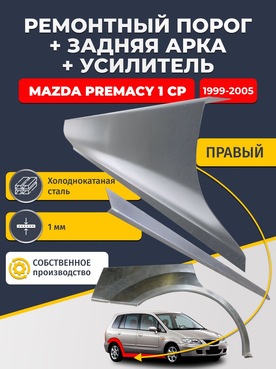 Правая ремонтная задняя арка (0,8 мм) и правый ремонтный стандартный порог (1 мм) + усилитель (1 мм) на Mazda Premacy 1 CP 1999-2005 (Мазда Премаси). Материал холоднокатаная сталь.