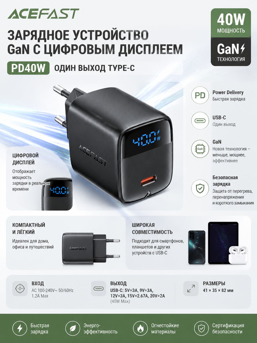 Быстрое зарядное устройство GaN с цифровым дисплеем PD40W Type-c