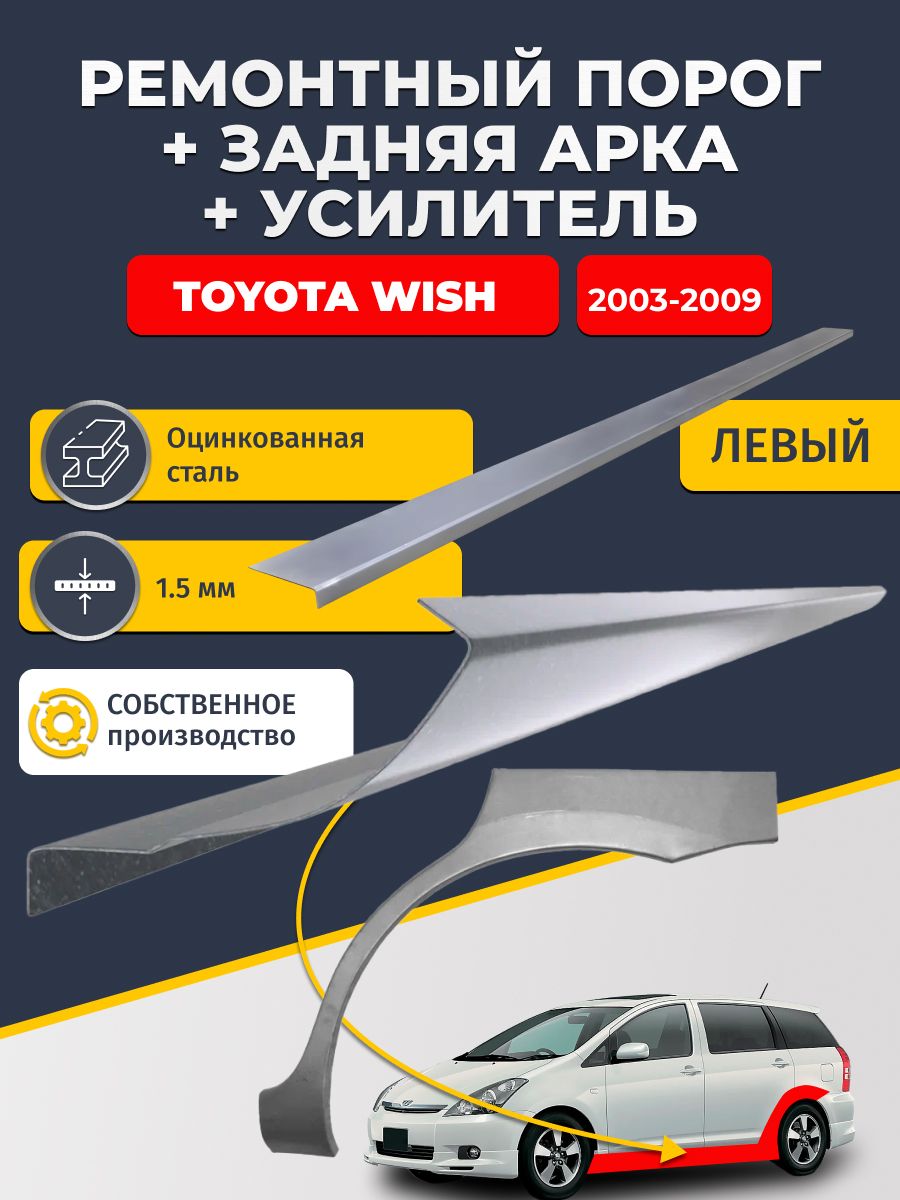 Левая ремонтная задняя арка (0,8 мм) и левый ремонтный стандартный порог (1.5 мм) + усилитель (1,5 мм) на Toyota Wish 2003-2009 минивэн (Тойота Виш 1). Материал оцинкованная сталь.