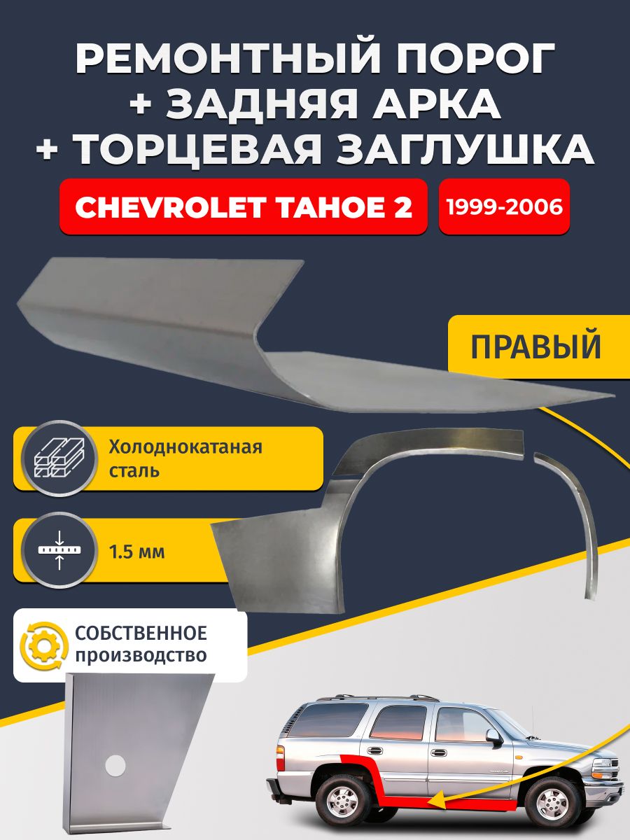 Правая задняя ремонтная арка (0,8 мм) и правый стандартный ремонтный порог (1,5 мм) + торцевая заглушка (1,5 мм) на Chevrolet Tahoe 2 1999-2006 (Шевроле Тахо 2). Холоднокатаная сталь
