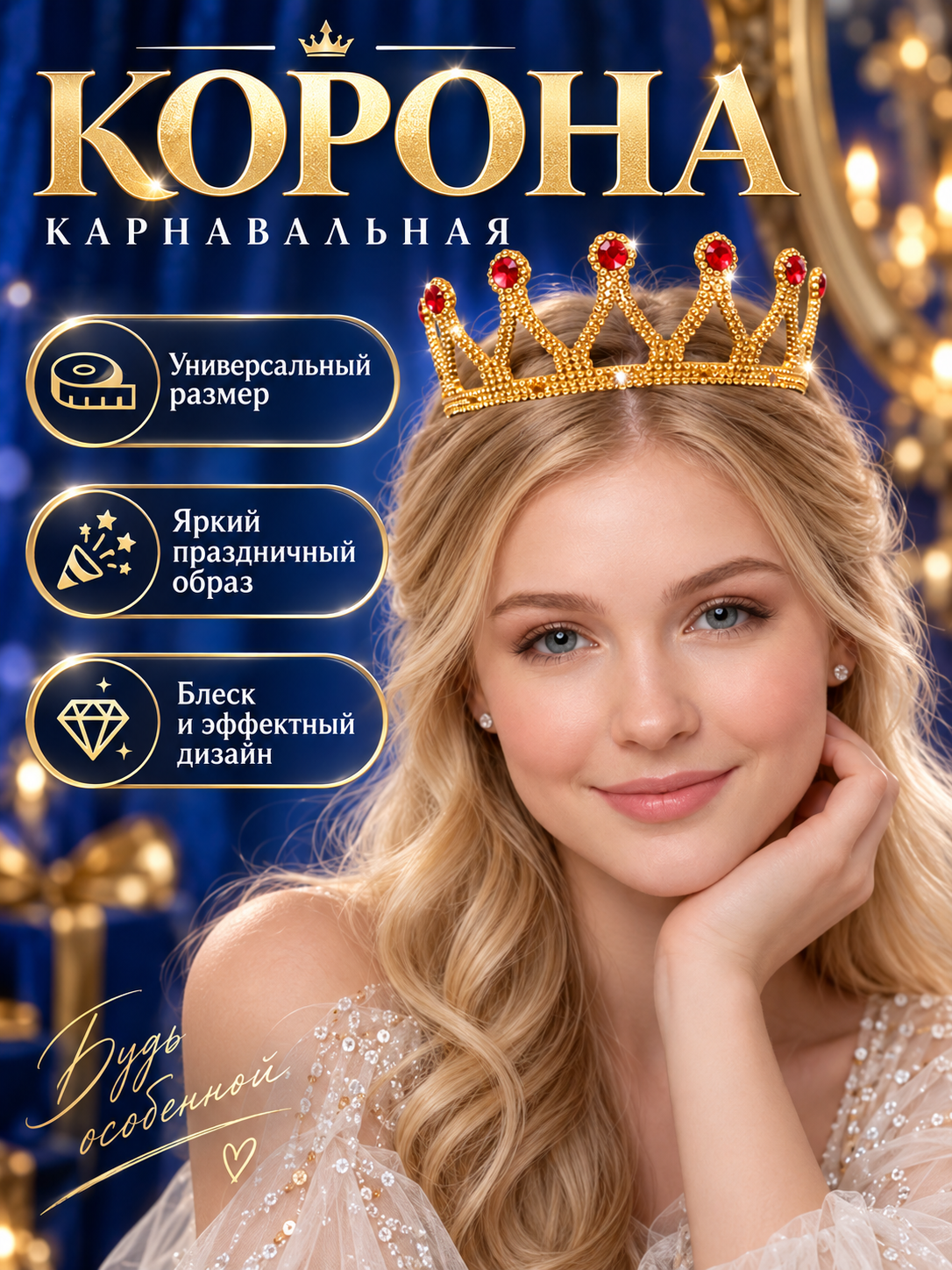 Корона Страна Карнавалия "Принцесса", с камушками, большая, 1 шт.
