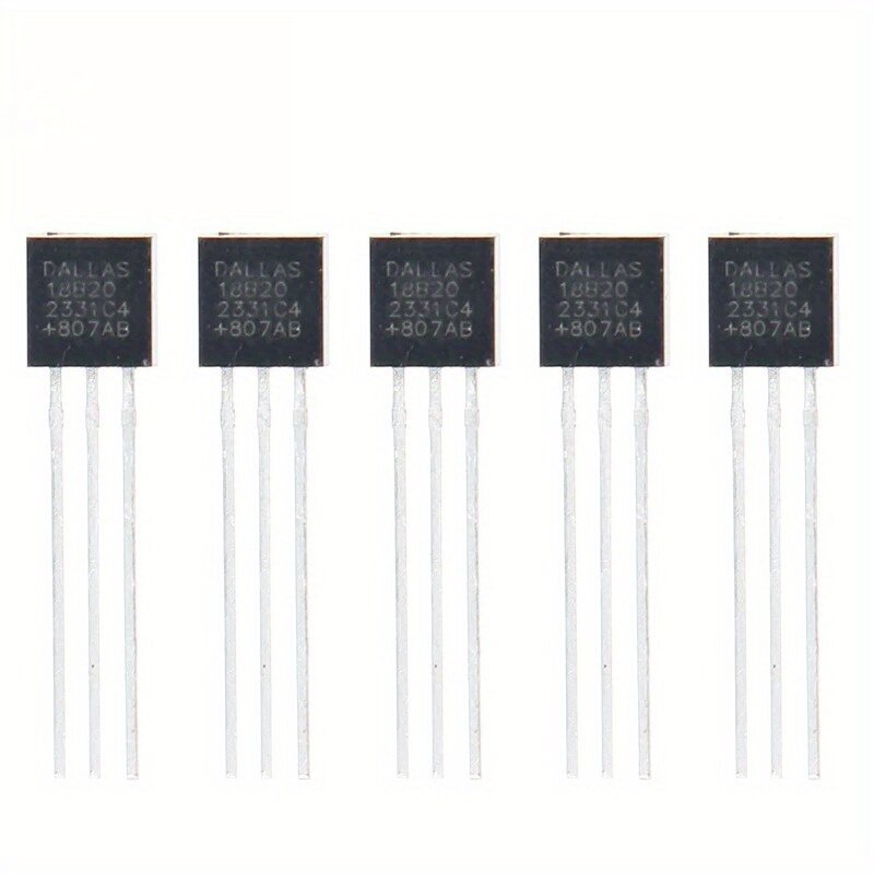 Датчик температуры DS18B20, комплект 5 шт, интерфейс 1-Wire, диапазон -55…+125 °C, точность 0,5 °C, корпус TO-92 для систем ОВиК и холодильного оборудования