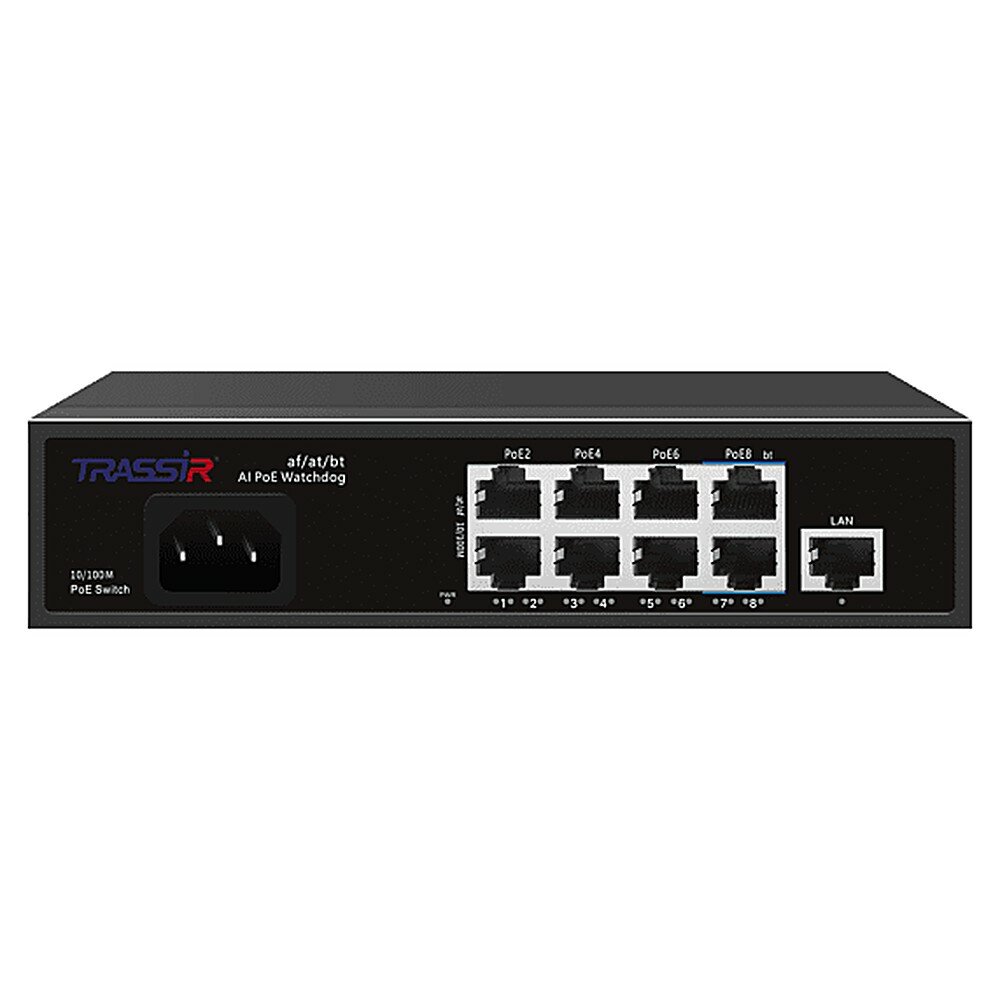 Коммутатор TRASSIR TR-NS1109-120-8PoE — 8 портов PoE, бюджет 120 Вт, неуправляемый, до 100 Мбит/с