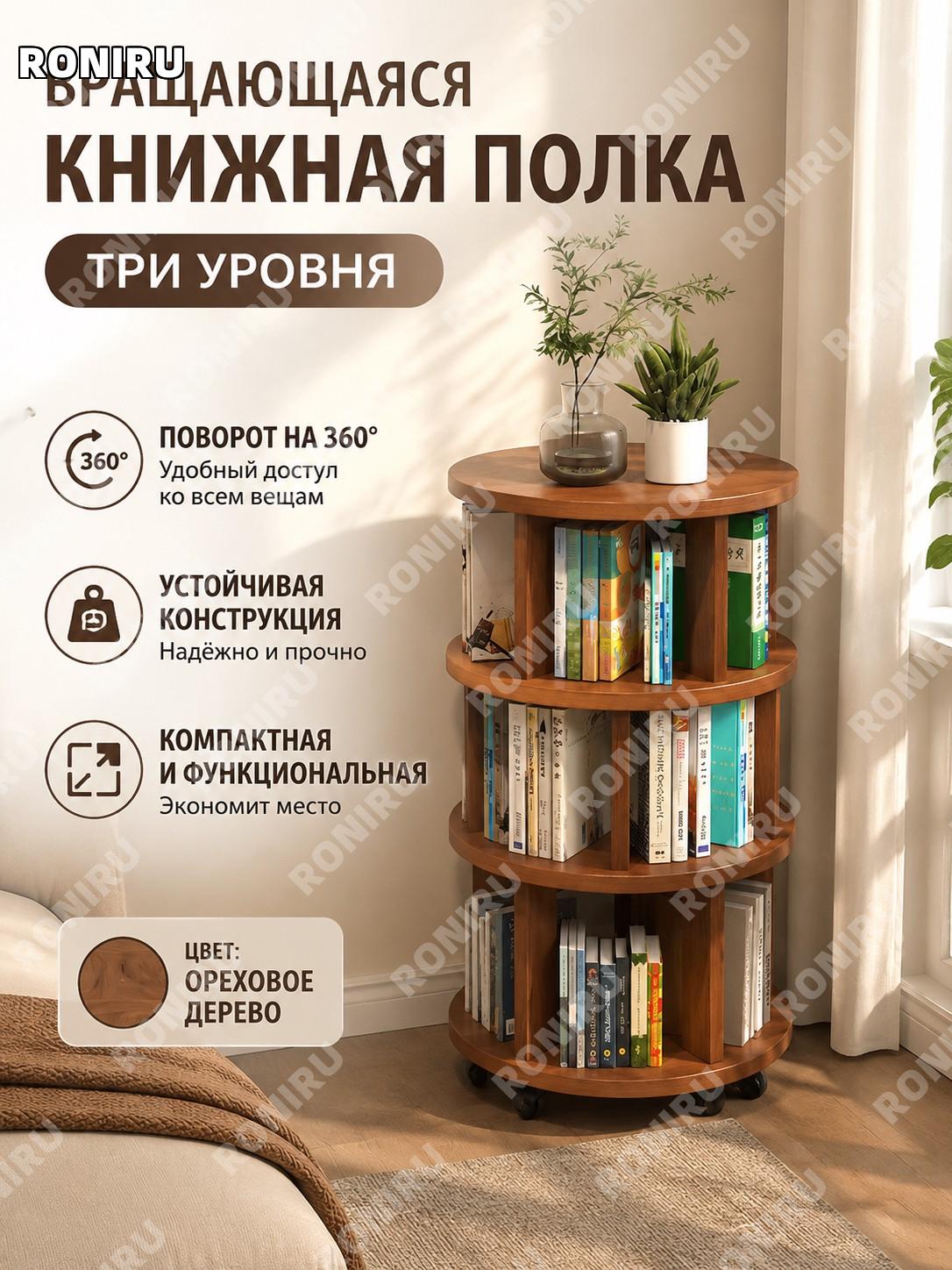 Вращающийся книжный шкаф 360° трёхъярусный круглый из дерева Гутань для дома компактная тумба у кровати с хранением