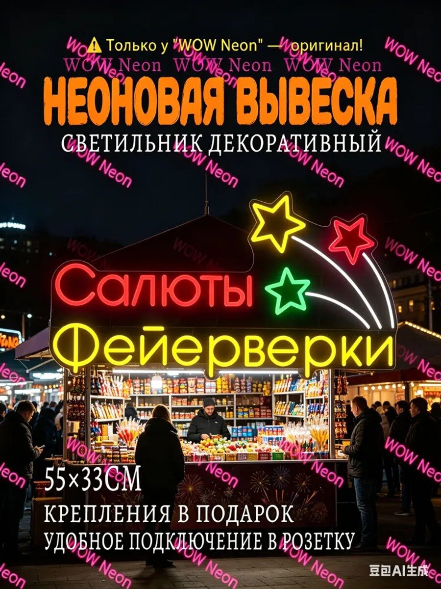 Неоновая вывеска светильник Салюты Фейерверки 55х33 см, декоративная