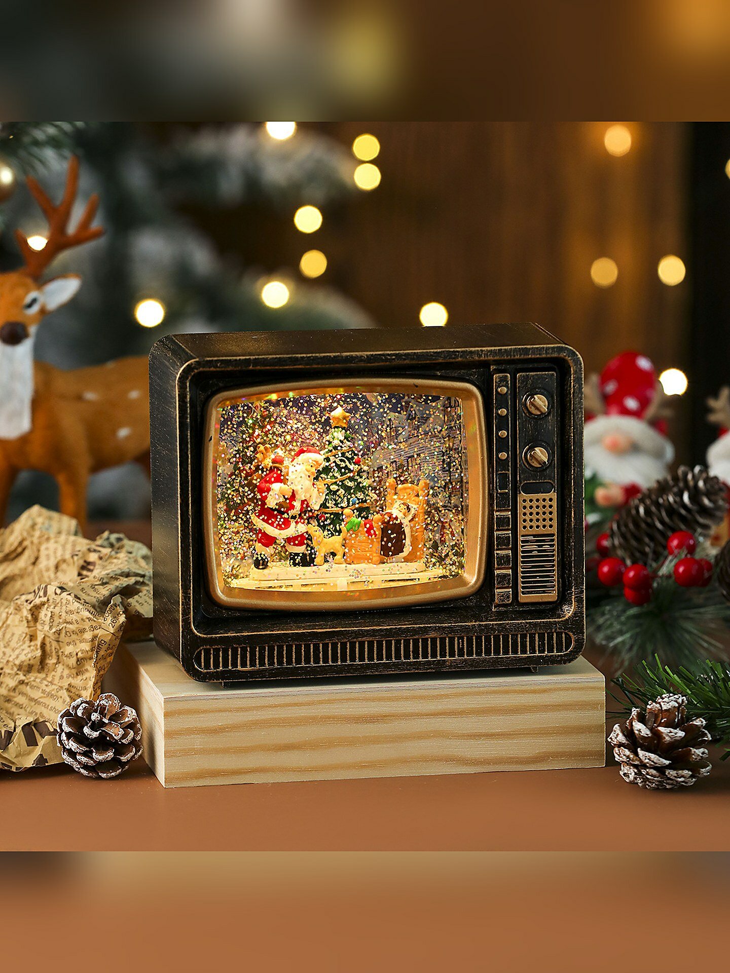 Новогодний ночник-светильник ретро-телевизор со снегопадом и музыкой, бронзовый, с Дедом Морозом
