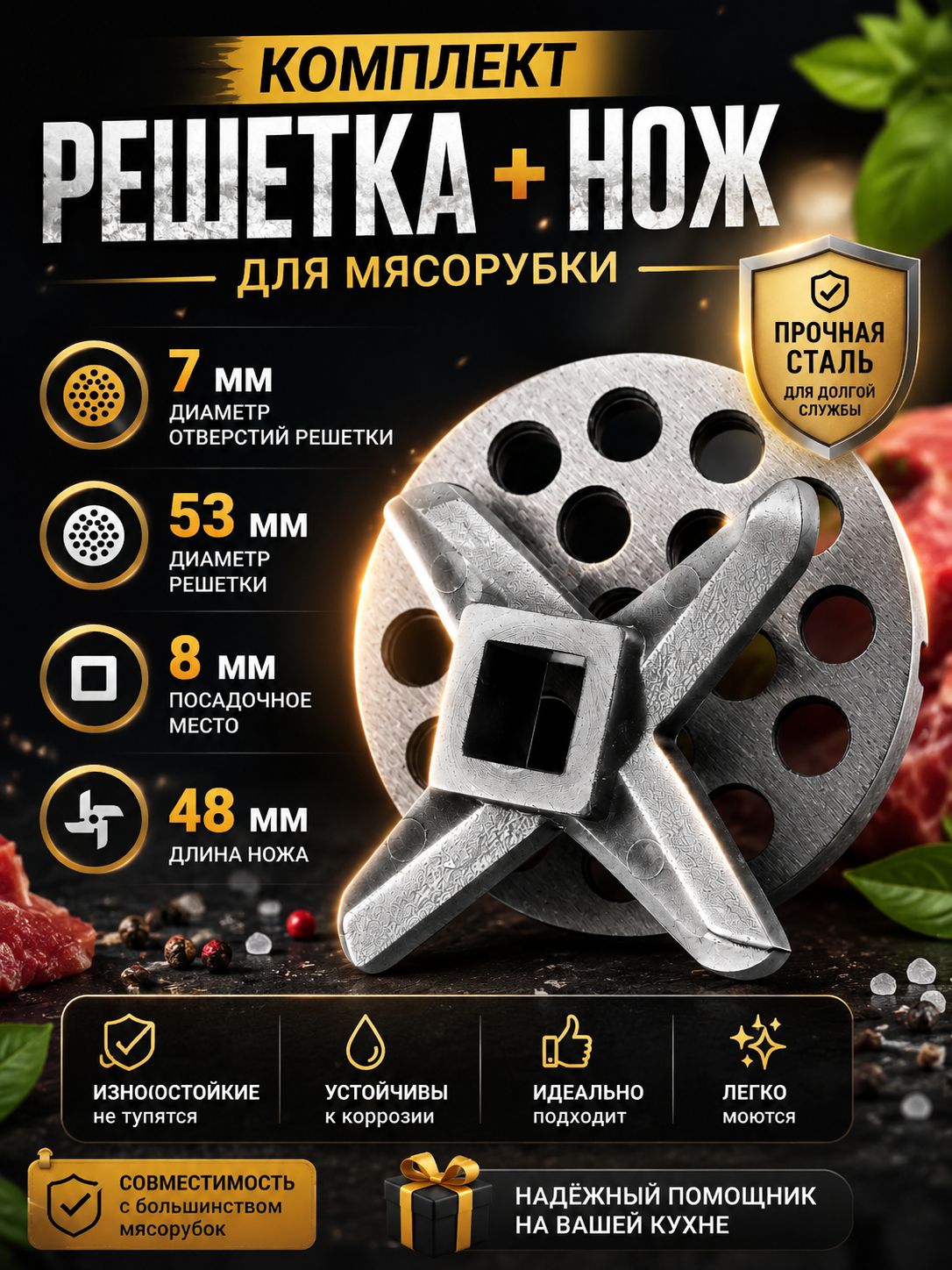 Решетка и нож для мясорубки 53 мм, комплект, отверстия 7 мм, квадрат 8 мм, усиленная сталь