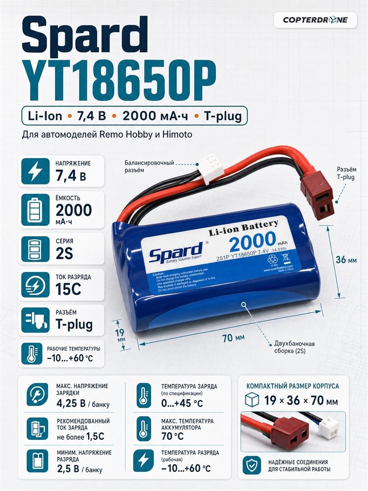 Аккумулятор Li-Ion Spard 2000 мАч для Remo Hobby, Himoto, YT18650P