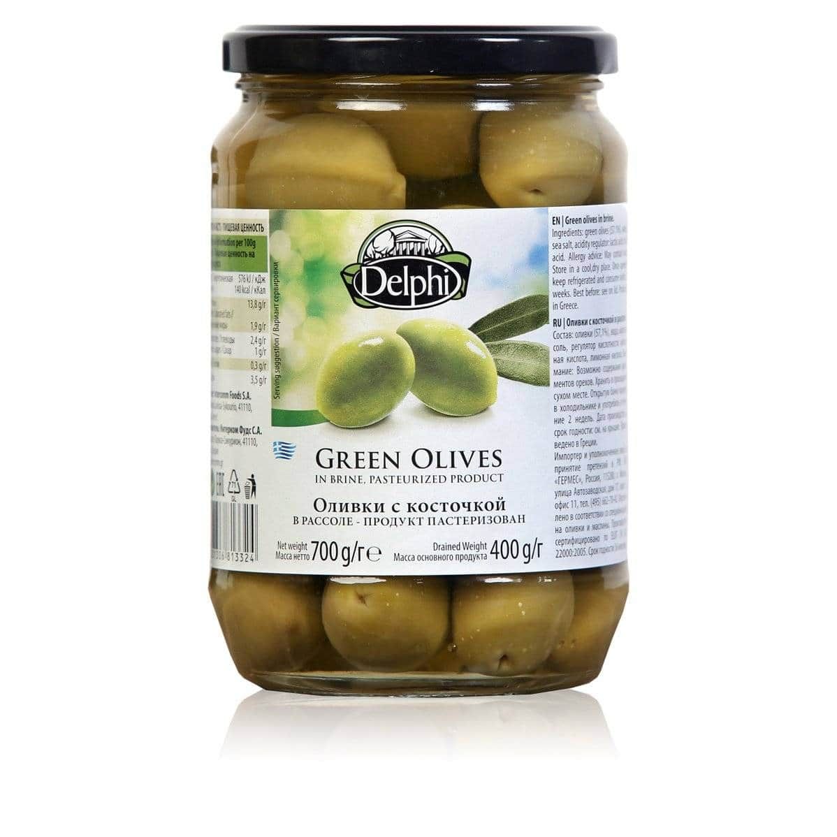 Оливки DELPHI с косточкой в рассоле /стекло/ 700г