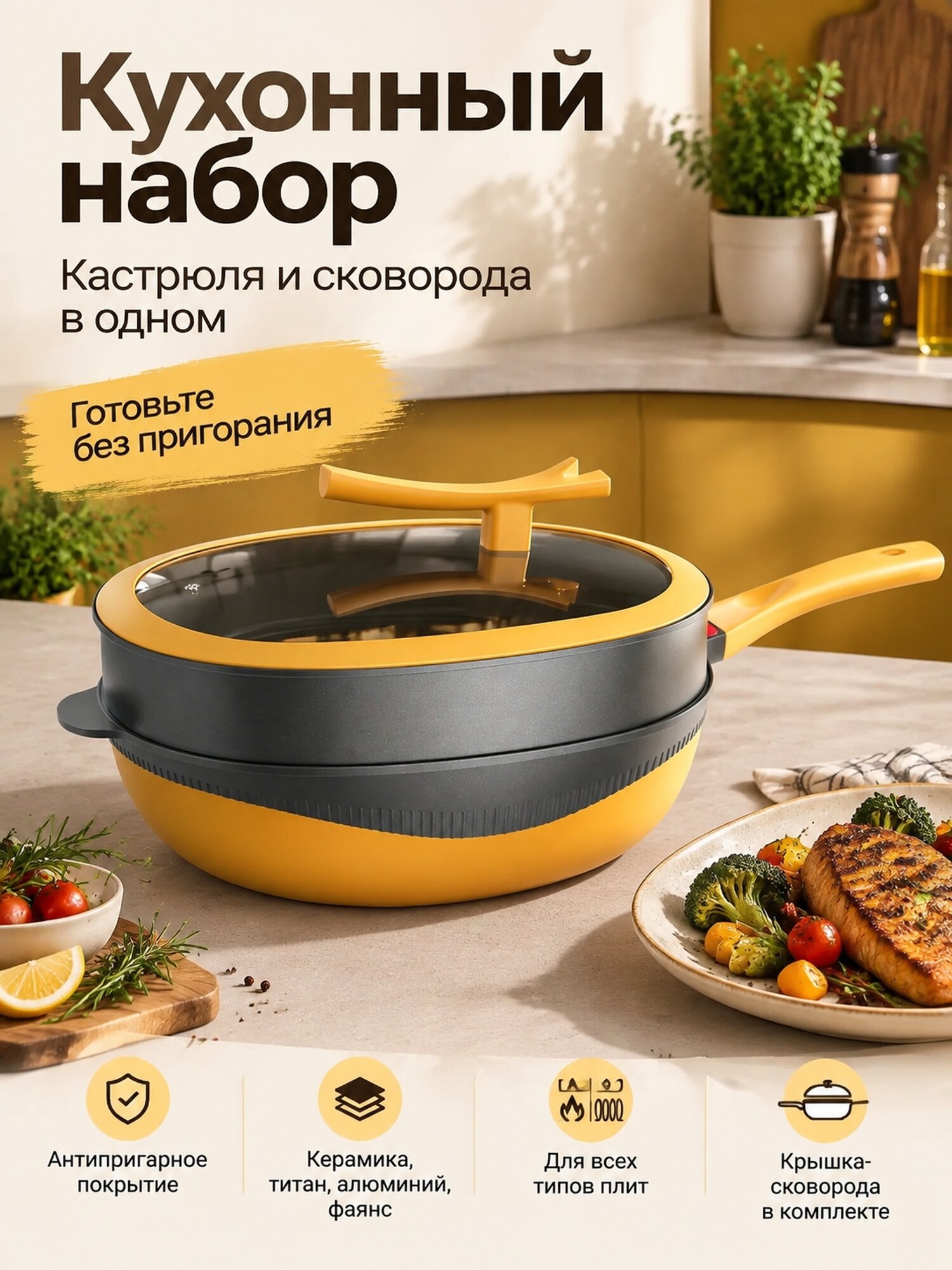 Кухонный набор кастрюль и сковород с антипригарным покрытием и крышкой-сковородой
