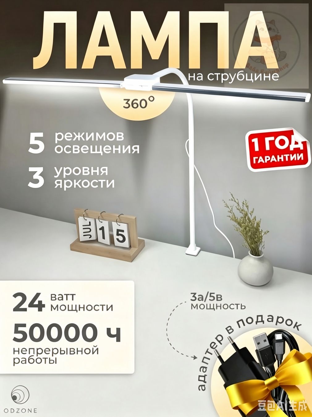 Гибкая настольная бестеневая, светодиодная LED лампа c регулировкой яркости, для школьника, компьютера, маникюра, наращивания ресниц 24 Вт, адаптер в подарок