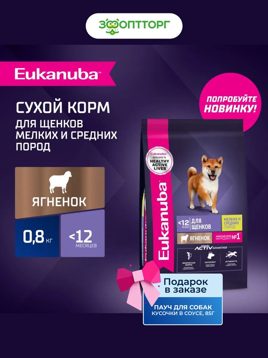 Сухой корм Eukanuba Dog для щенков мелких и средних пород с ягненком, 800 г