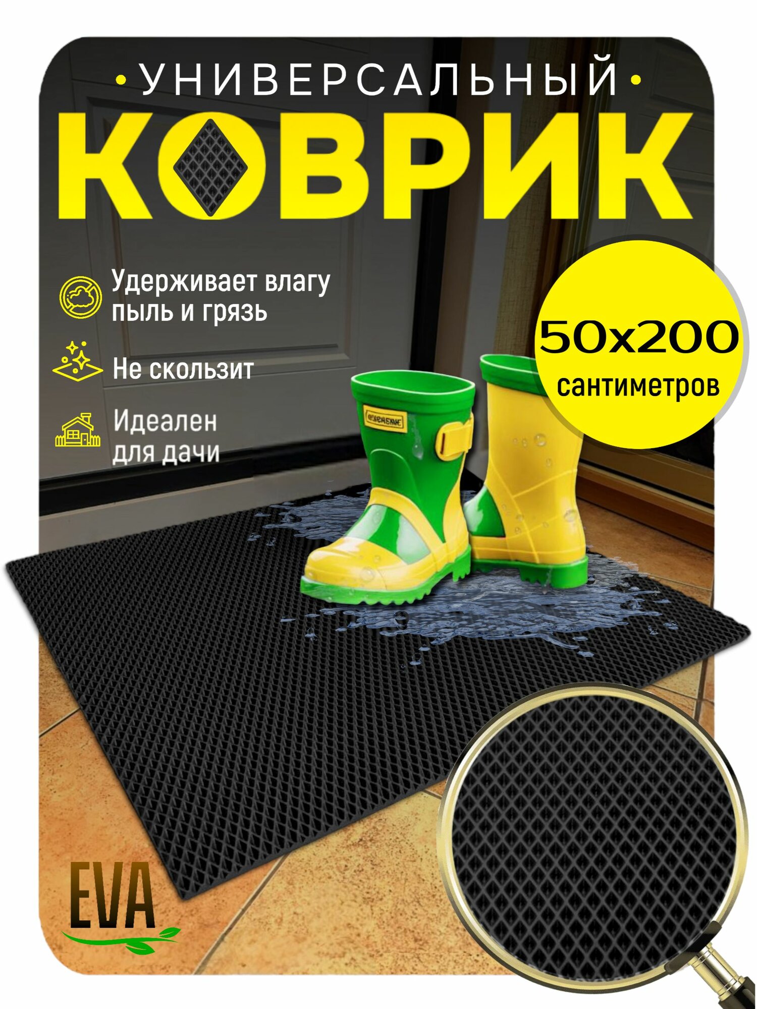 Тканс Коврик придверный 50x200 см 10 мм ромб черный