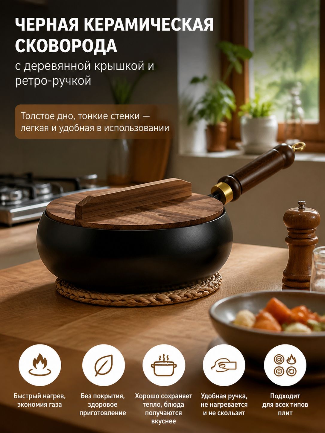 Вок чугунный 28 см с крышкой и съемной ручкой, черный матовый, Антипригарное покрытие, Для всех типов плит, 1 шт