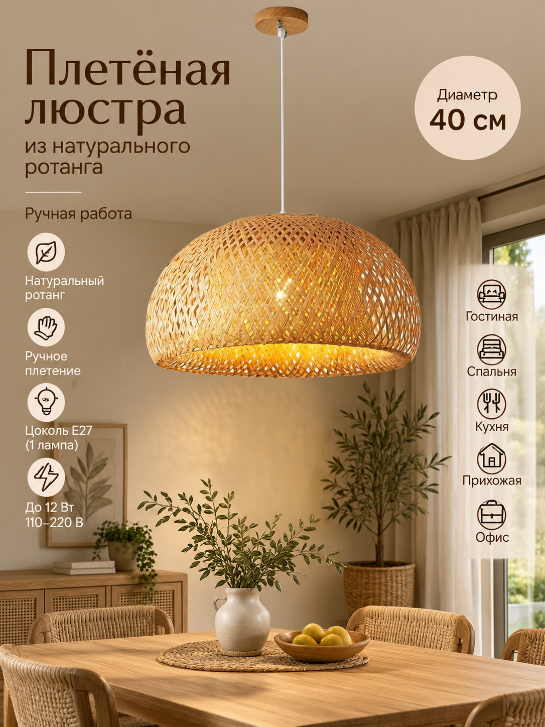 Подвесная плетёная люстра из натурального ротанга, абажур ручной работы, E27, 40х40 см, 1 лампа