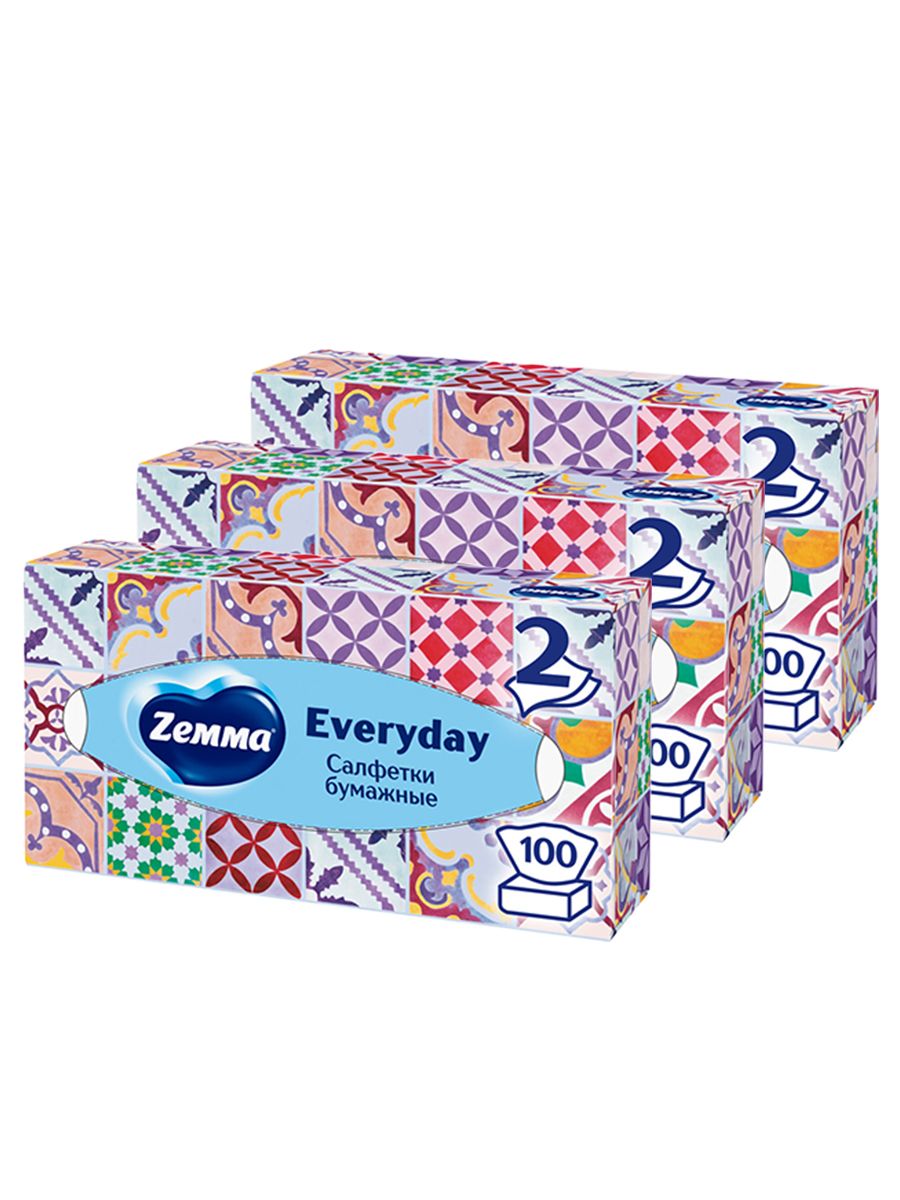 Салфетки Зева, Zewa/Zemma Everyday, бумажные косметические, 3 пачки по 100 шт