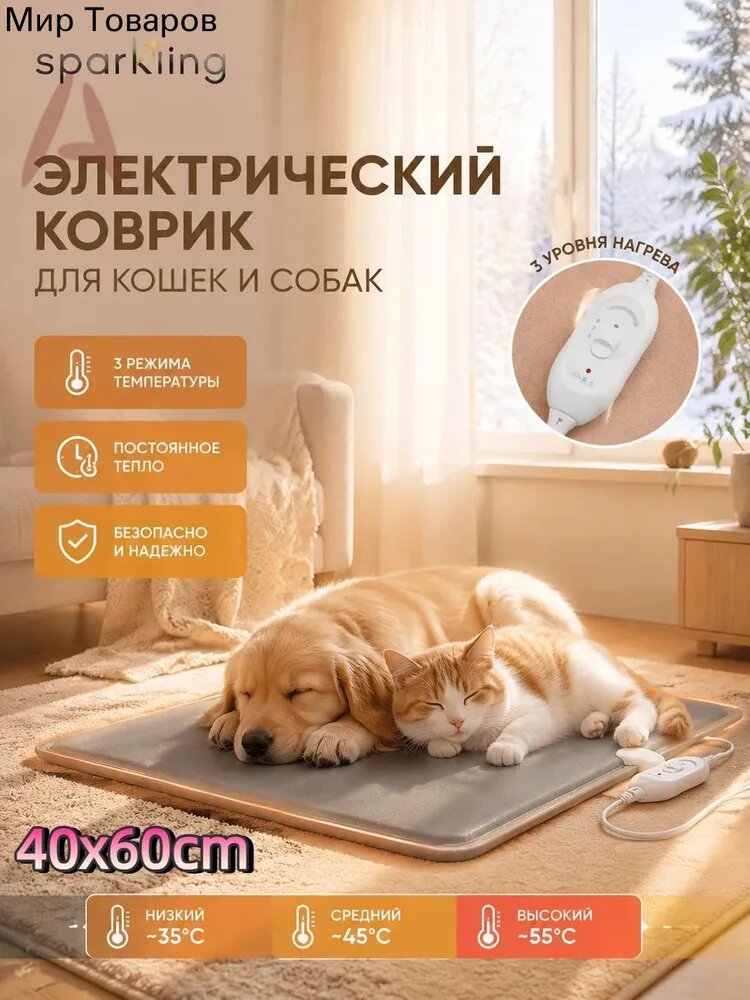Коврик электрический для животных с 3 режимами, 40X60см, влагозащищённыйgg