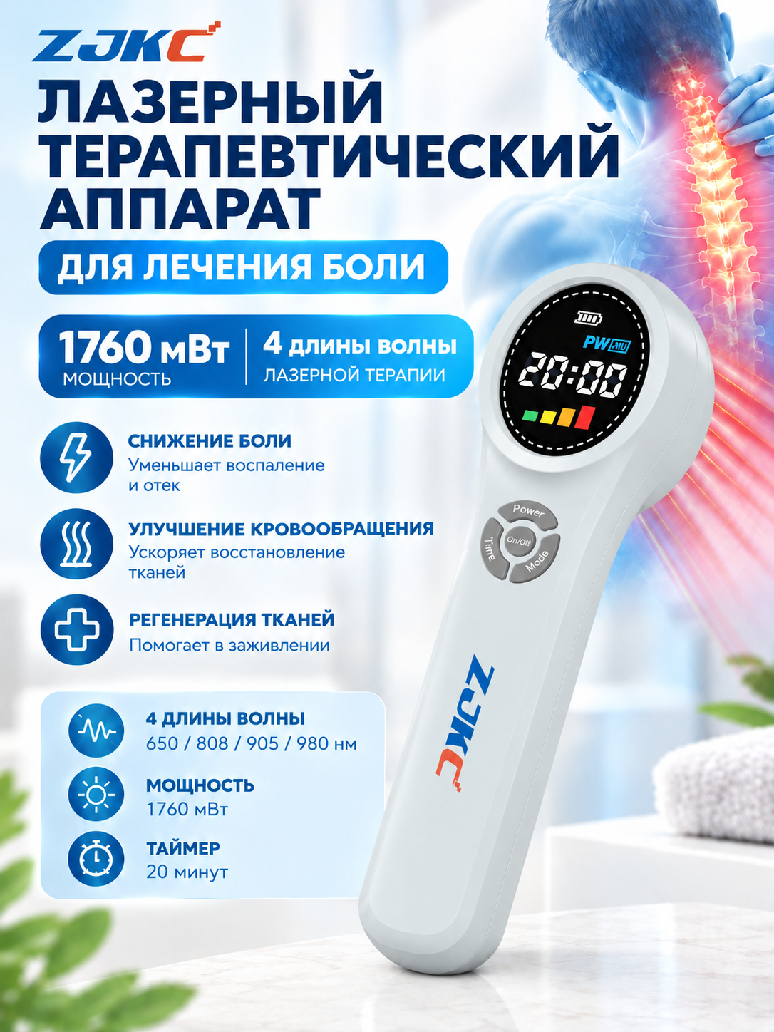 ZJKC Аппарат холодной лазерной терапии 1760 мВт, 24 диода 660/810/980 нм, лазерная физиотерапия для суставов и мышц