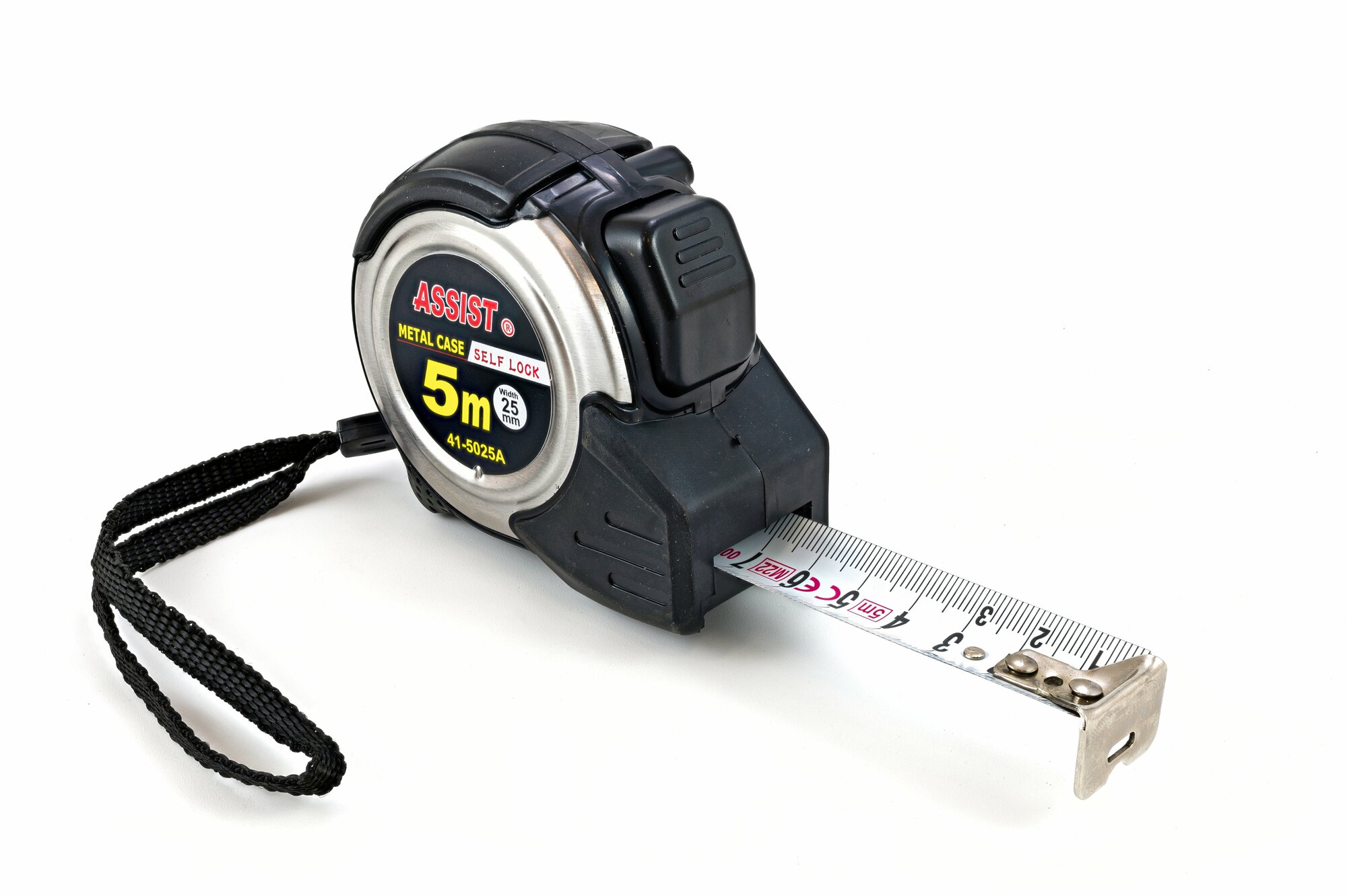 Рулетка 5м х 25мм ASSIST METAL CASE 1 класс нерж. корпус, автостоп, лента белый нейлон