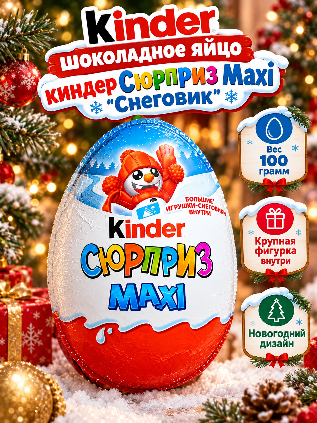 Шоколадное яйцо сюрприз Kinder Сюрприз MAXI Снеговики, 100 грамм, 1 шт.