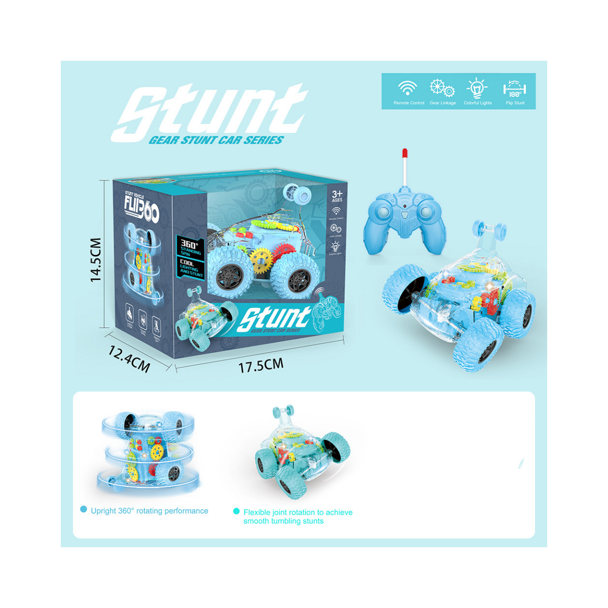 Toy car，Transparent gear stunt car，Remote control，Flip stunts，Color lighting，blue