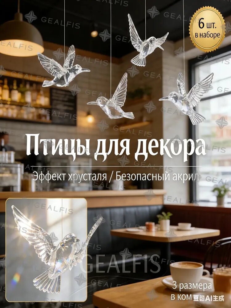 Декор для кафе и ресторанов Птицы подвески 6 шт прозрачные фигурки для оформления витрин и залов акриловый декор 12 см