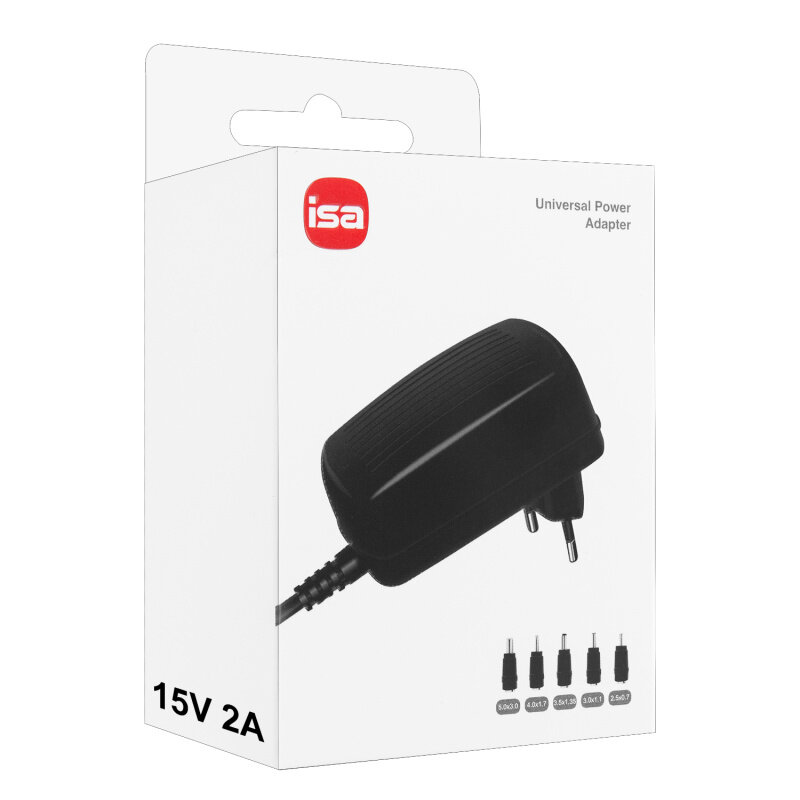 Универсальное зарядное устройство адаптер ISA Universal AC Charger 15V/2A, 6 штекеров, кабель 70 cм, Черный